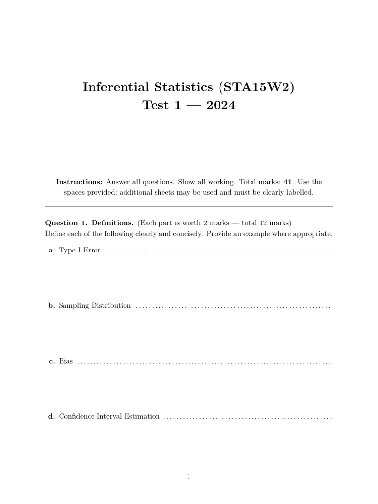 Inferential Stat - Test 1 (2024) | PDF | Statistical Inference | Statistics