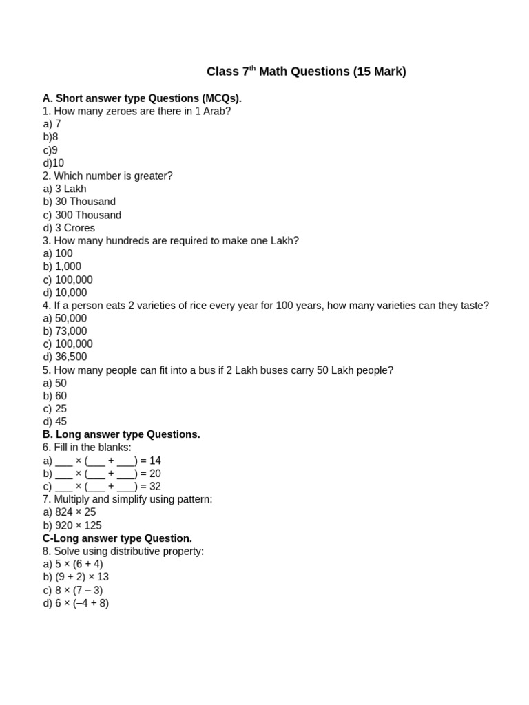 Math Test Class 7 | PDF