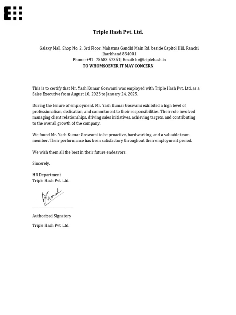 Triple HashExperience Letter | PDF