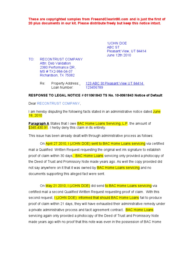 000 Rebuttal of NOD Letter | Notary Public | Mortgage Loan