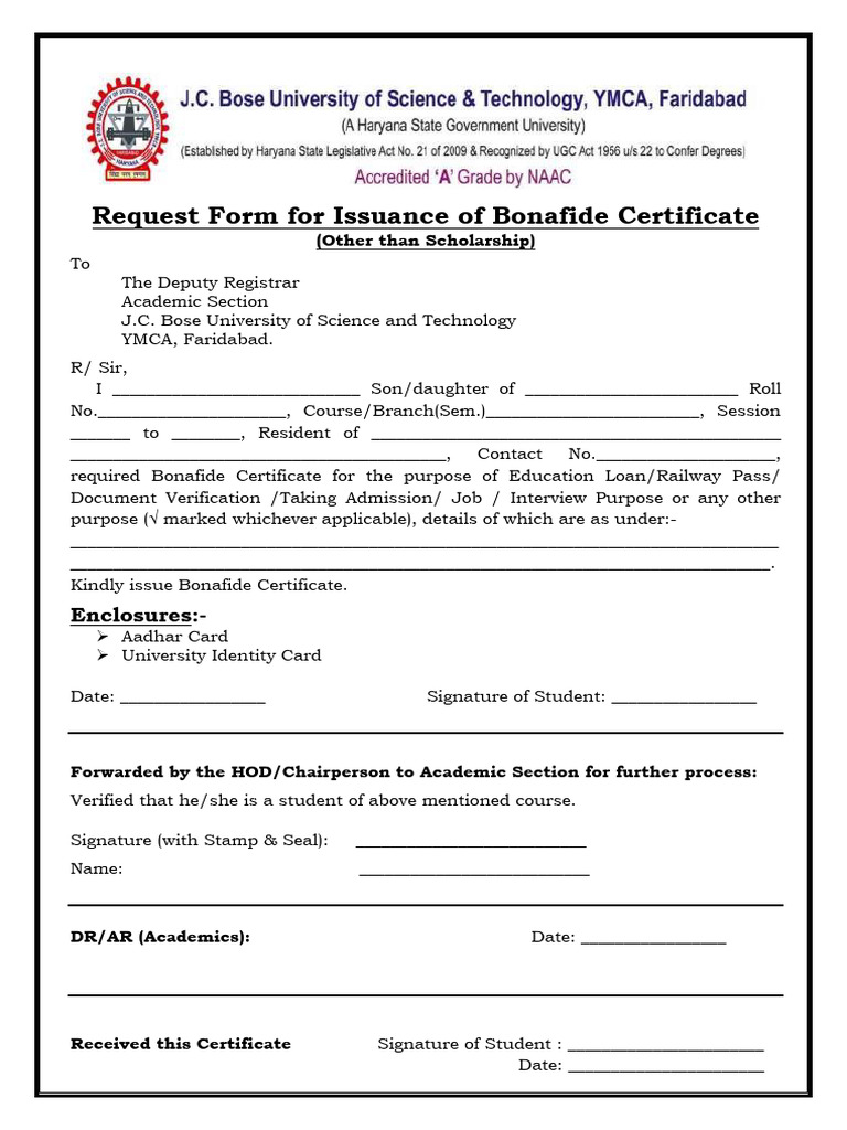 Application Form For Bonafide Certificates (Not For Scholarship) | PDF