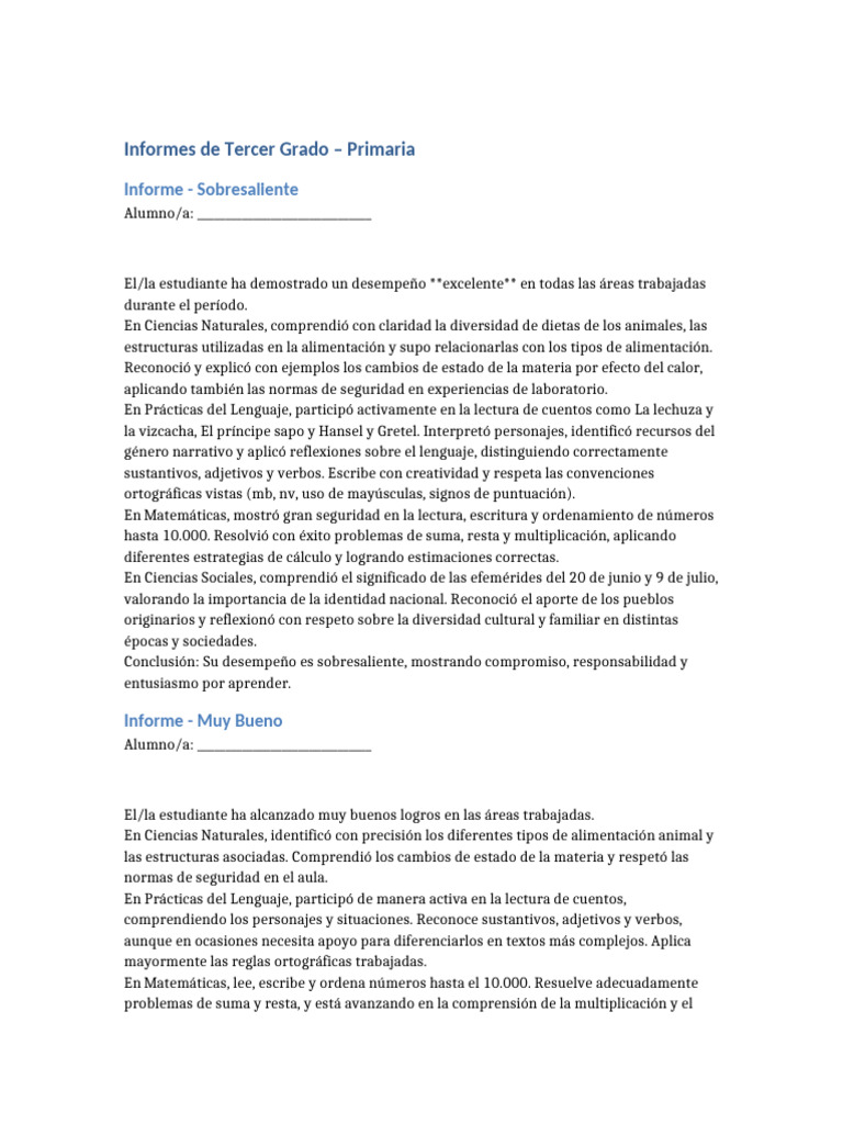 Informes de Desempeño Escolar Primaria | PDF | Matemáticas | Science