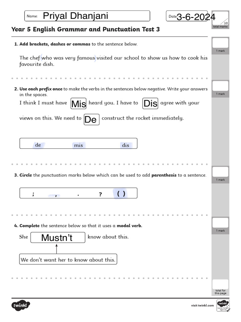 Year 5 Grammar & Punctuation Test | PDF | English Grammar | English ...