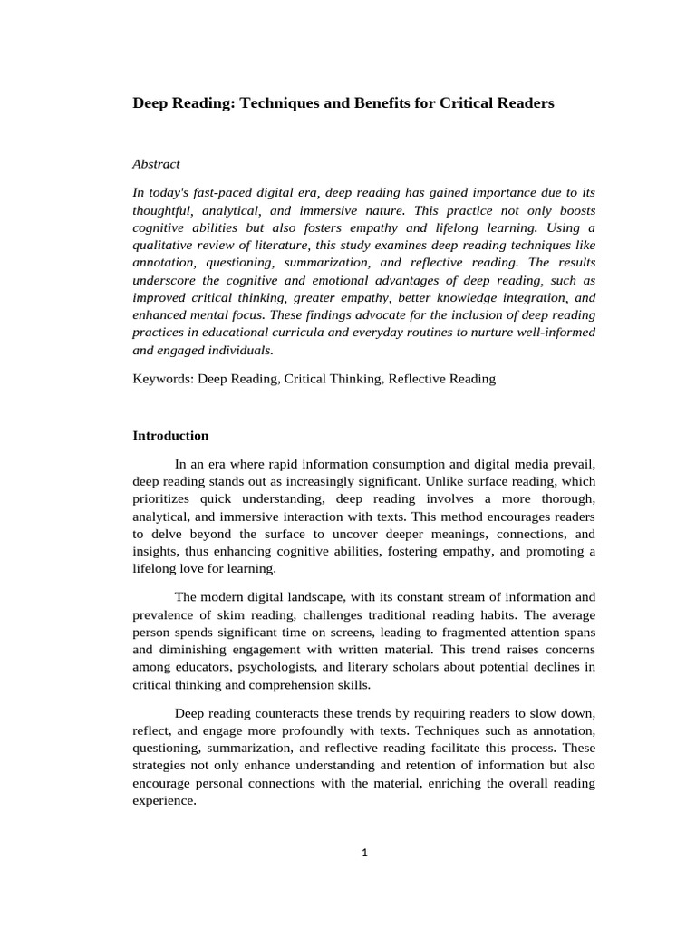 Techniques and Benefits of Deep Reading | PDF | Reading Comprehension ...