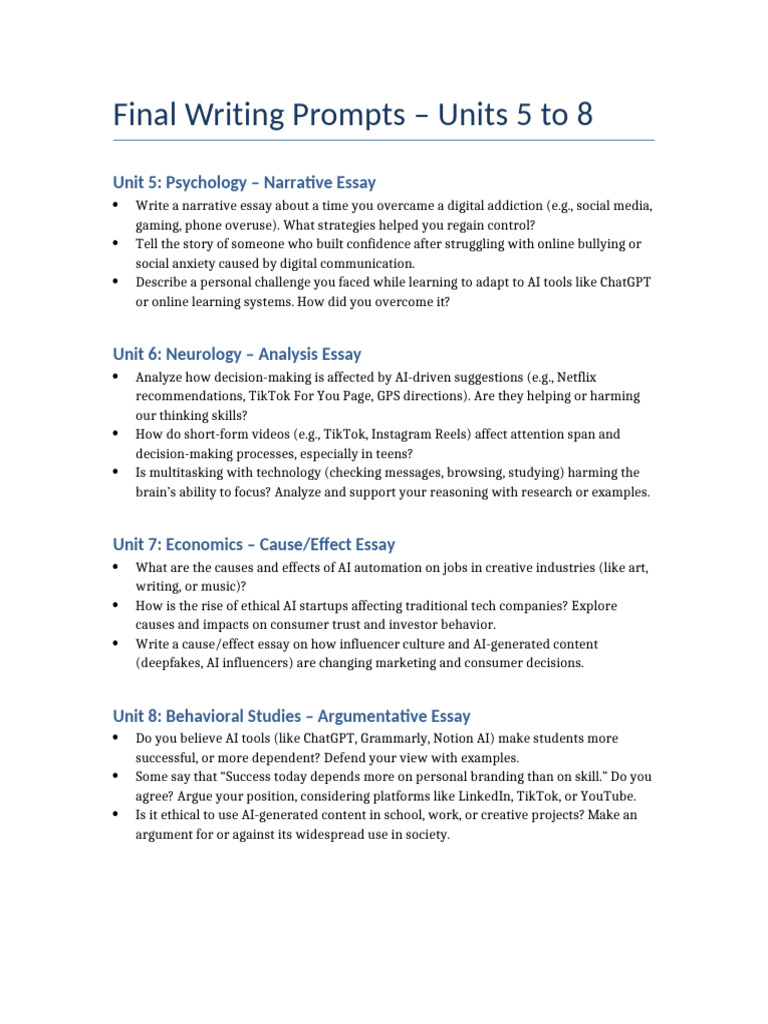 Final Writing Prompts Units 5 To 8 | PDF