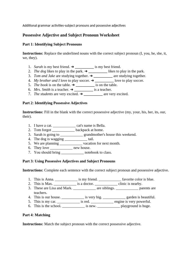 Subject Pronouns and Possessive Adjectives Activities | PDF | Pronoun ...