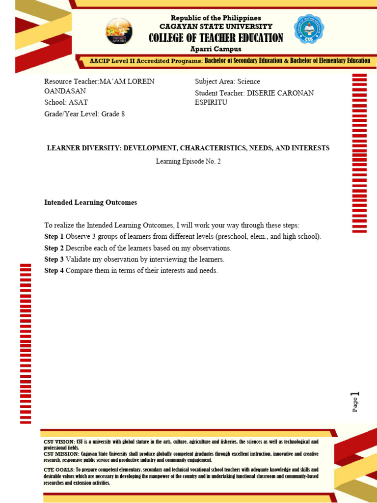 Learner Diversity Development, Characteristics, Needs, and Interests (1) (1) - 065536 | PDF ...