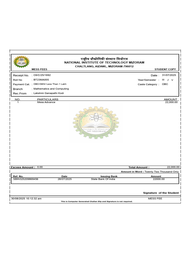 Sem 5 Mess Fee | PDF
