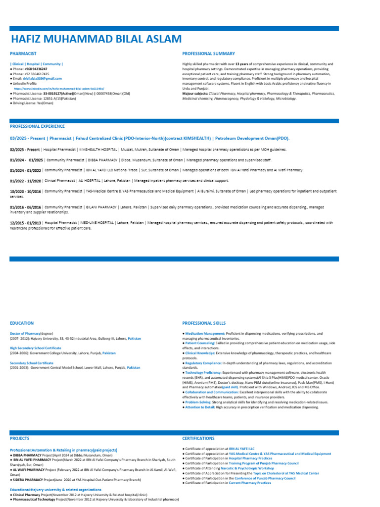 Hafiz Muhammad Bilal Aslam CV November 2024 Landscape | PDF | Pharmacy ...