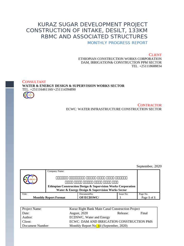 Kuraz Canal Construction Monthly Report | PDF | Concrete | Masonry