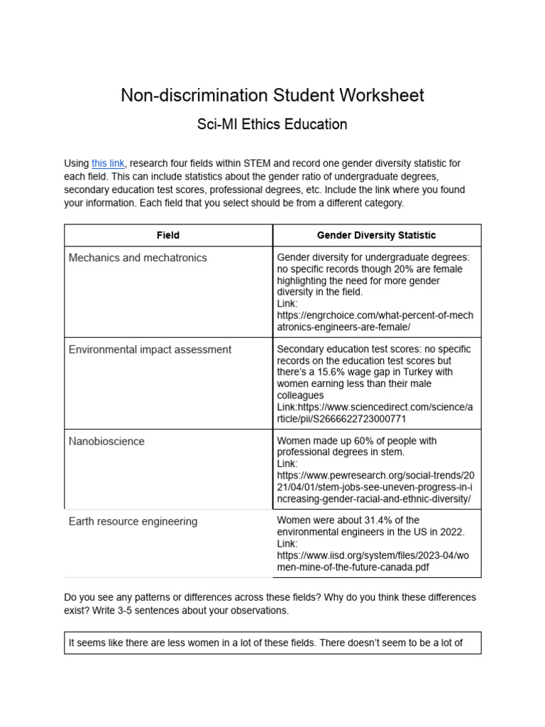 Non-Discrimination Student Worksheet | PDF | Discrimination | Science