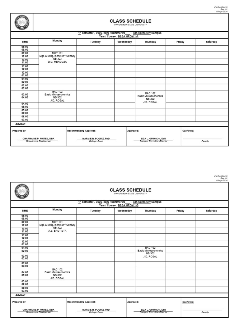 Class Schedule BSBA HRDM 1st Sem AY2025 2026 | PDF | Higher Education ...