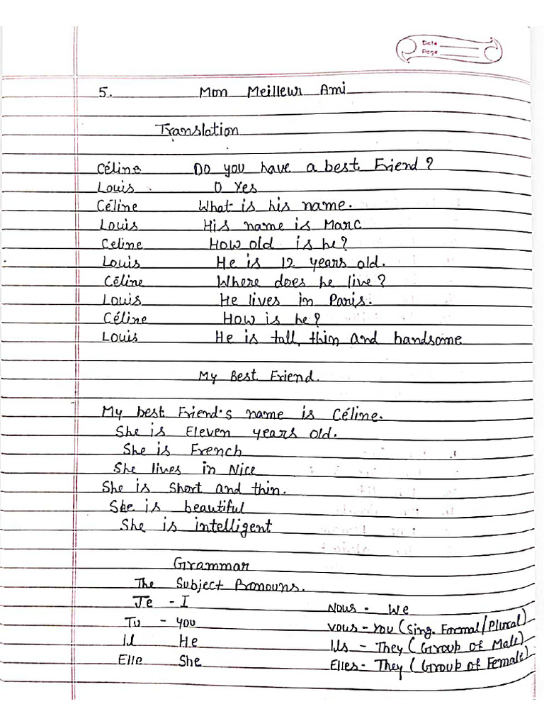 French Grade 5 Ch.5 NB Work | PDF