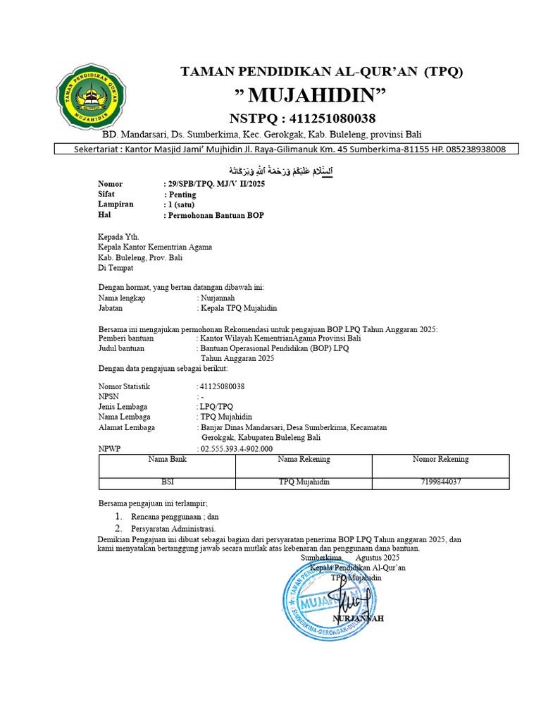 Surat Permohonan Rekomendasi BOP TPQ Mujahidin Sumberkima | PDF