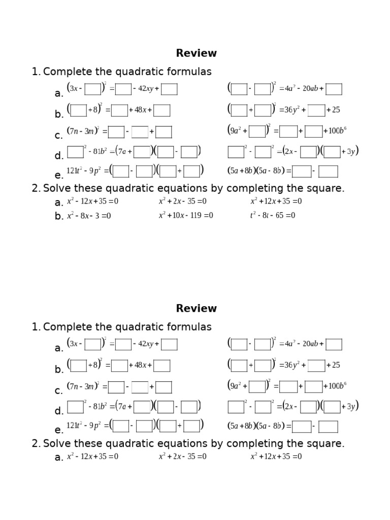 Review - Quadratic Equations 9th Grade | PDF