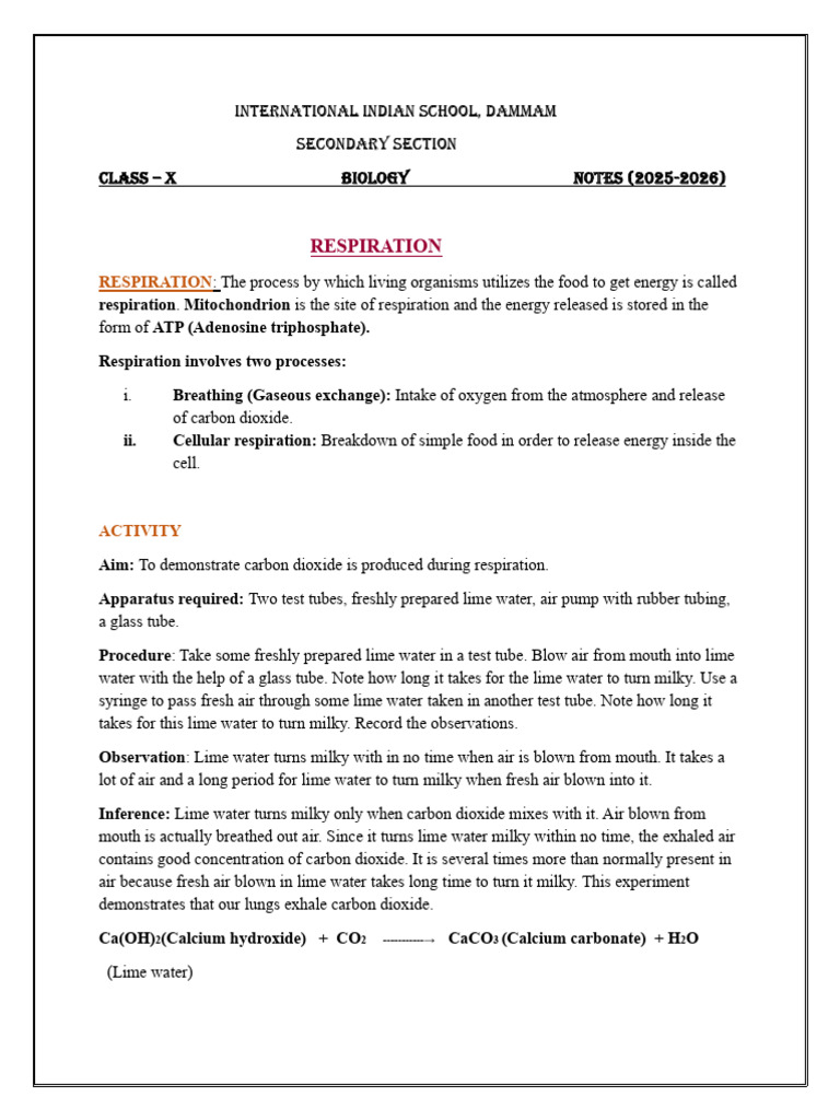 Ch-5 Life Processes Topic - Respiration (2025-26) | PDF | Cellular ...
