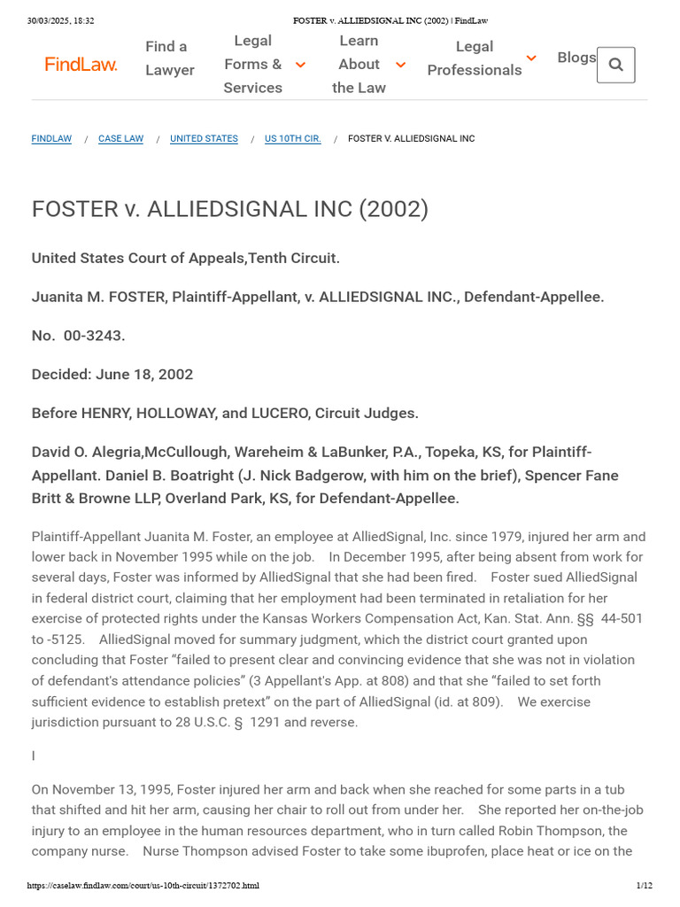Foster v. Alliedsignal Inc (2002) - Findlaw | PDF | Burden Of Proof ...