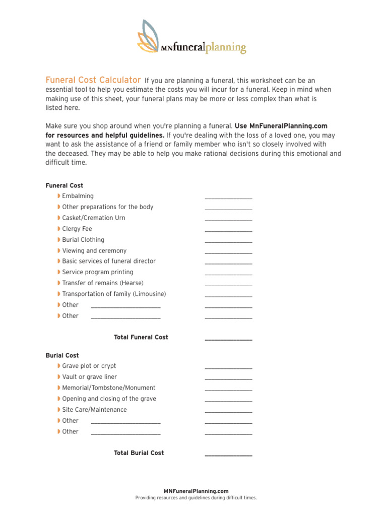 Funeral Cost Estimation Worksheet | PDF | Funeral | Burial