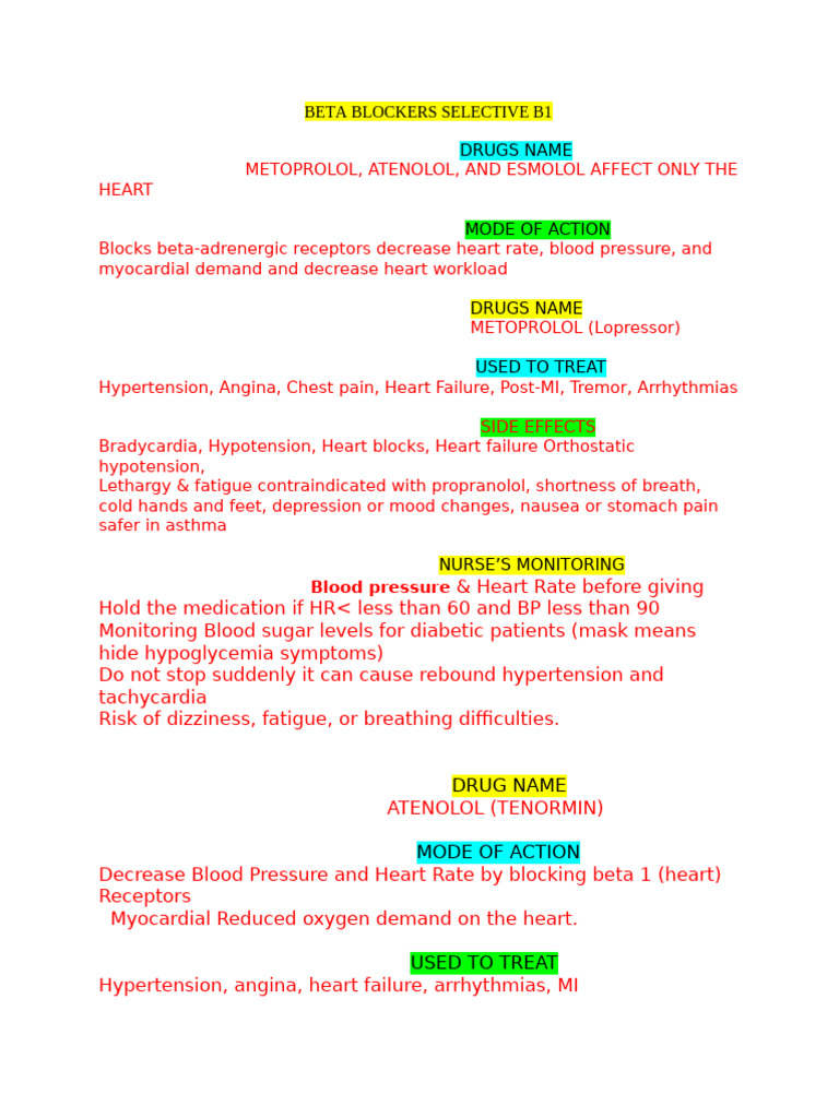 B1 Selective Beta Blockers Overview | PDF | Cardiovascular System ...