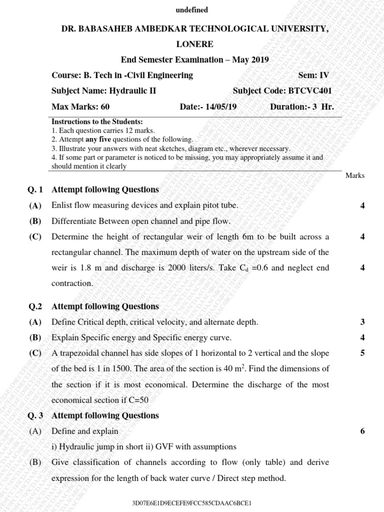 University Question Ppaer - Hydraulic Engineering - II - 2 | PDF