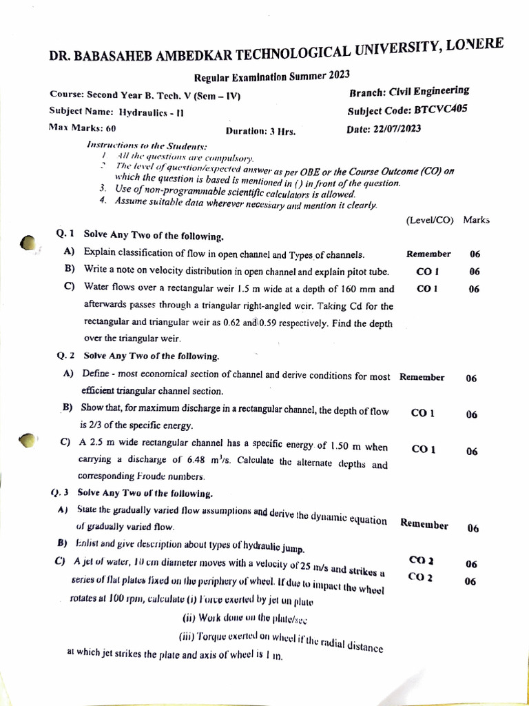 University Question Ppaer - Hydraulic Engineering - II - 2022-23 | PDF ...