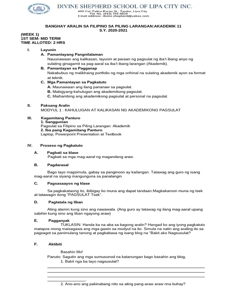 Lesson Plan Filipino Week 1 1st Sem Mid Term Sy 2020 2021 | PDF