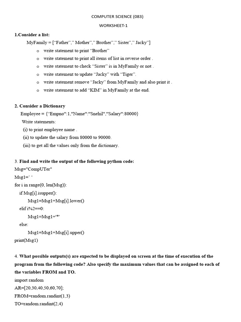 Worksheet1 Computer Science | PDF