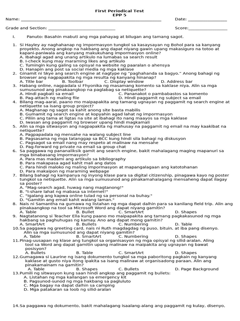 First Periodical Test Epp5 | PDF