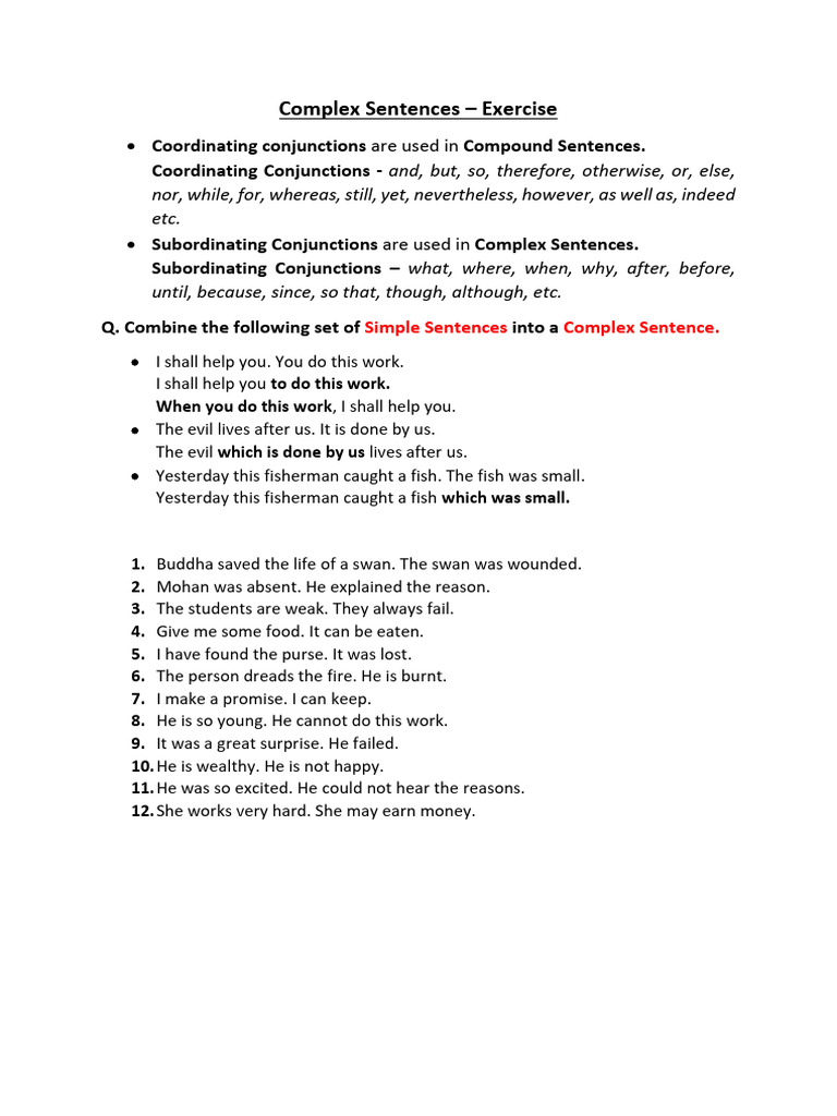 Complex Sentences - Exercise | PDF