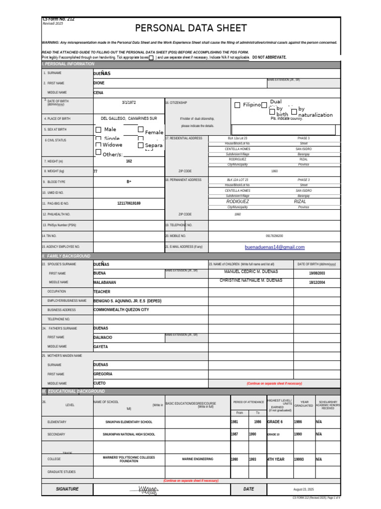 ANNEX H-1 - CS Form No. 212 Revised 2025 - Personal Data Sheet | PDF | Crimes | Crime & Violence