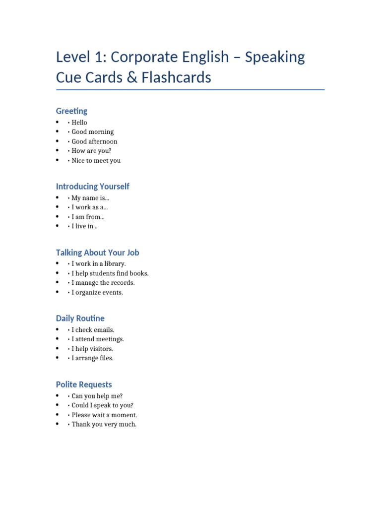 Corporate English Level 1 Speaking Cue Cards | PDF