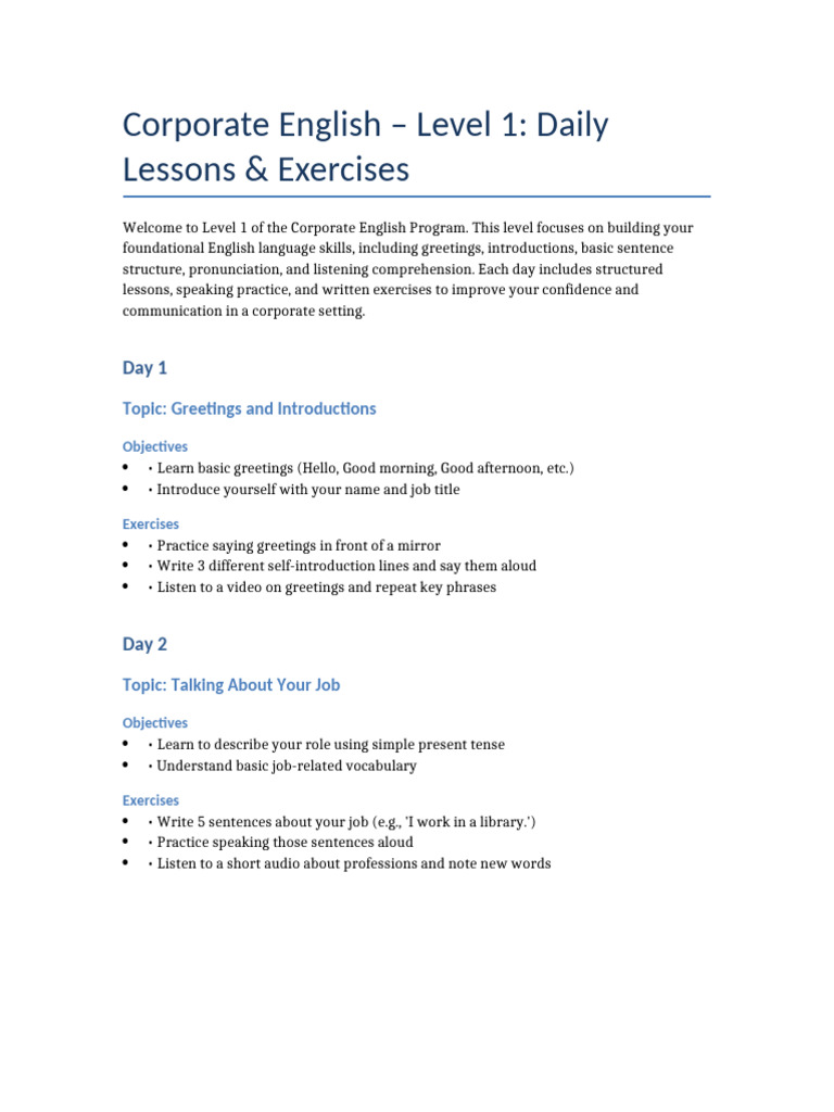 Corporate English Level 1 Daily Lessons | PDF