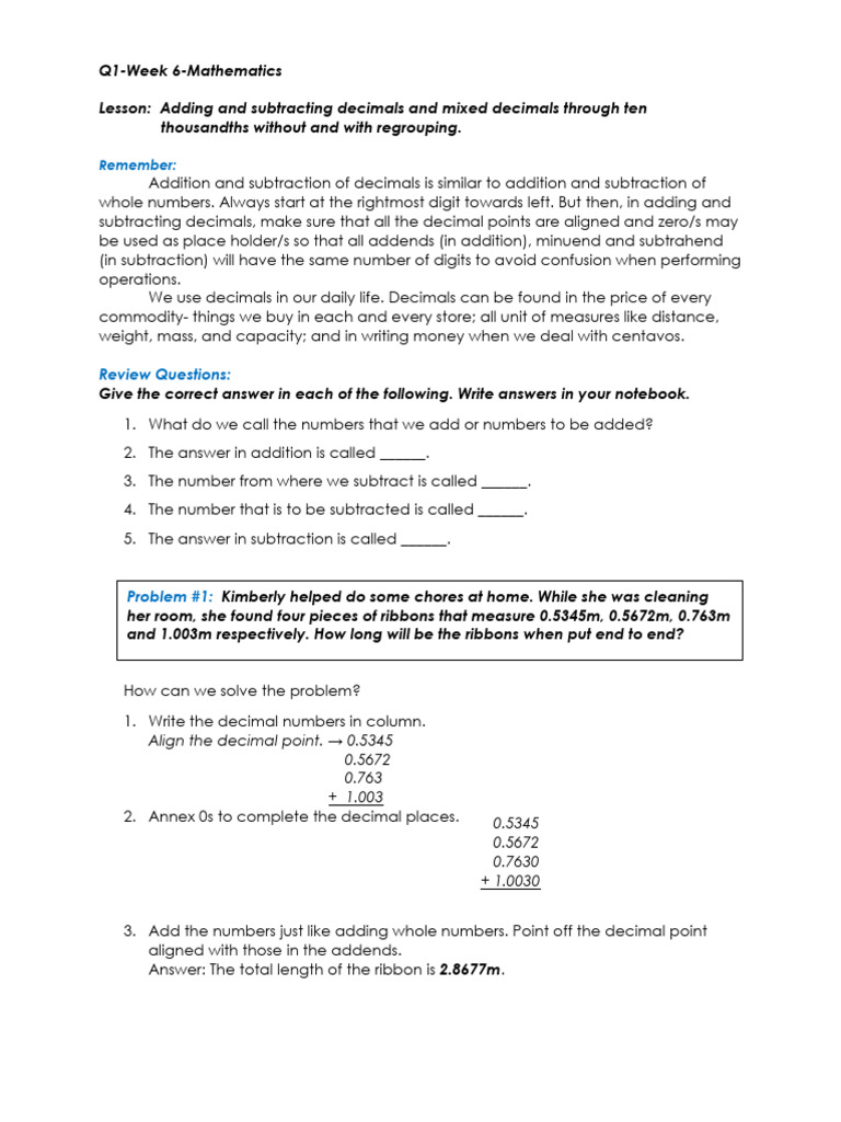 Aligning Decimal Points in Addition | PDF | Subtraction | Number Theory