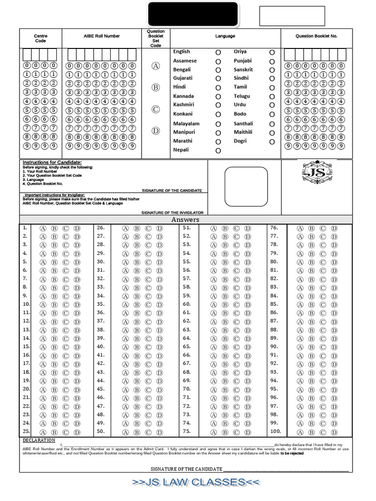 AIBE OMR SHEET FOR PRACTICE 2k24 | PDF | Dialectology | Cultural ...