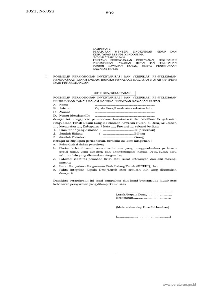 Form Usulan TORA_PPTPKH Sesuai PermenLHK Nomor 7 | PDF