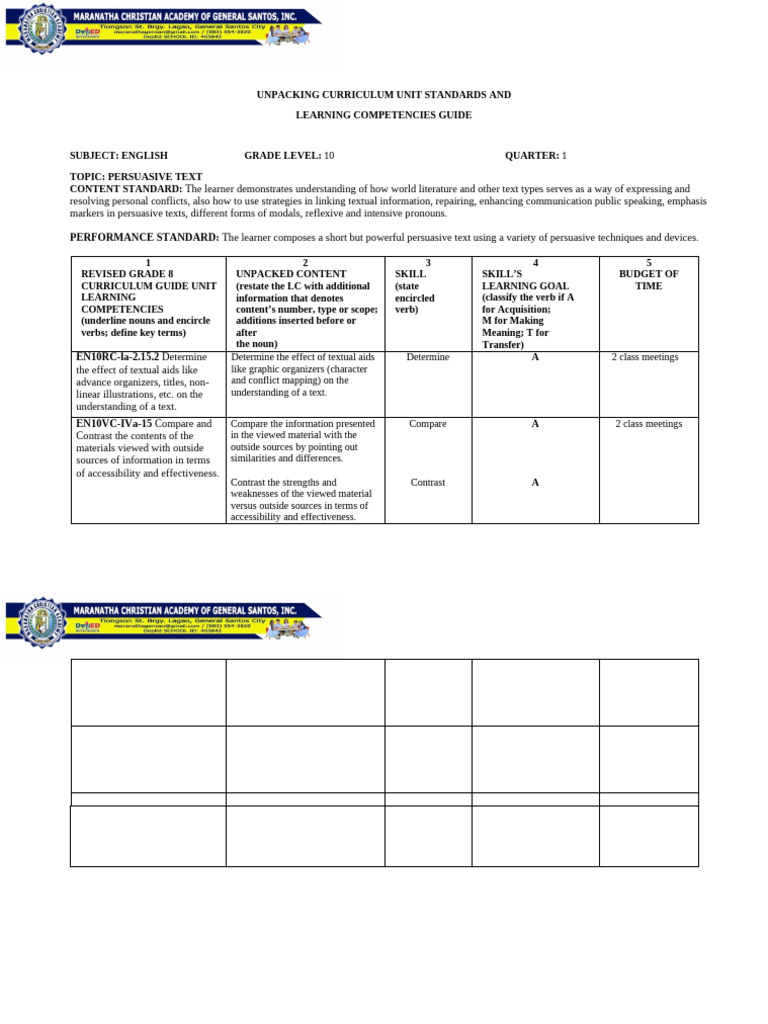 Unpacking Table for Curriculum Standards and LCs Template | PDF | Verb ...