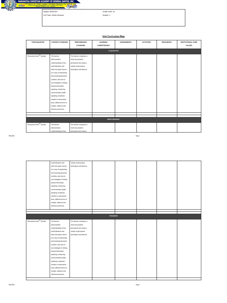 World Literature Unit Plan for Grade 10 | PDF | Creativity | Learning
