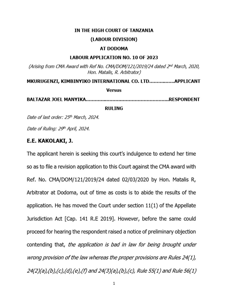 Mkurugenzi Kimbinyiko Internationa Co LTD Vs Baltazar Joel Manyika ...