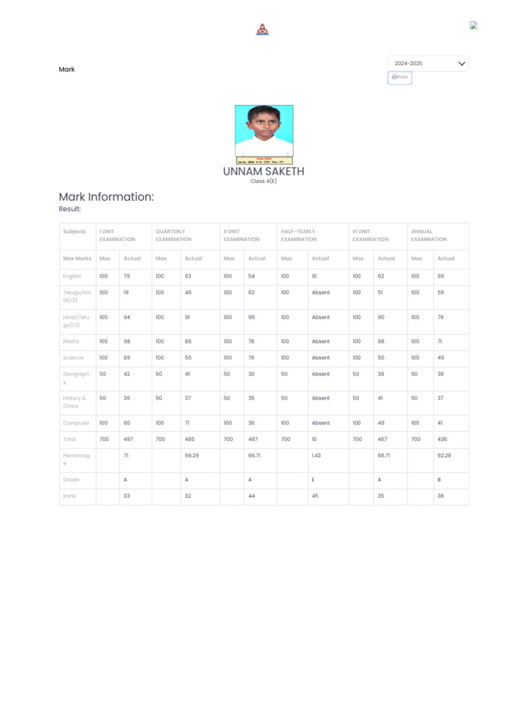 Class 4(E) Mark Report 2024-2025 | PDF