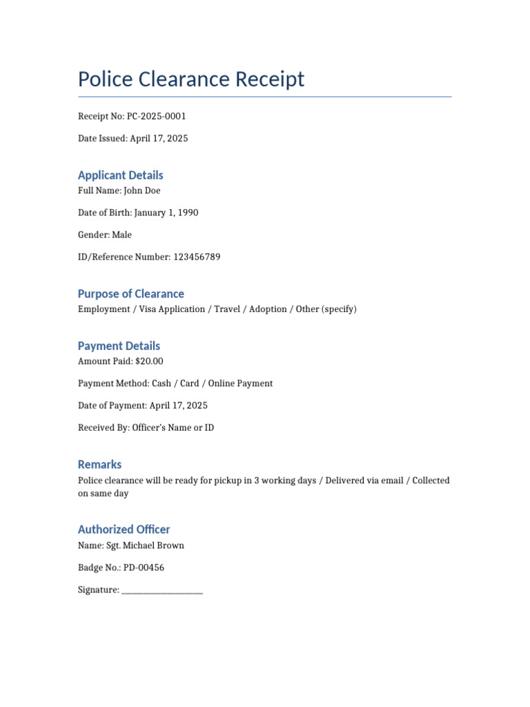 Police Clearance Receipt for John Doe | PDF