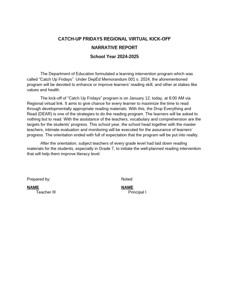 Catch-Up Fridays Narrative Report 2024 | PDF