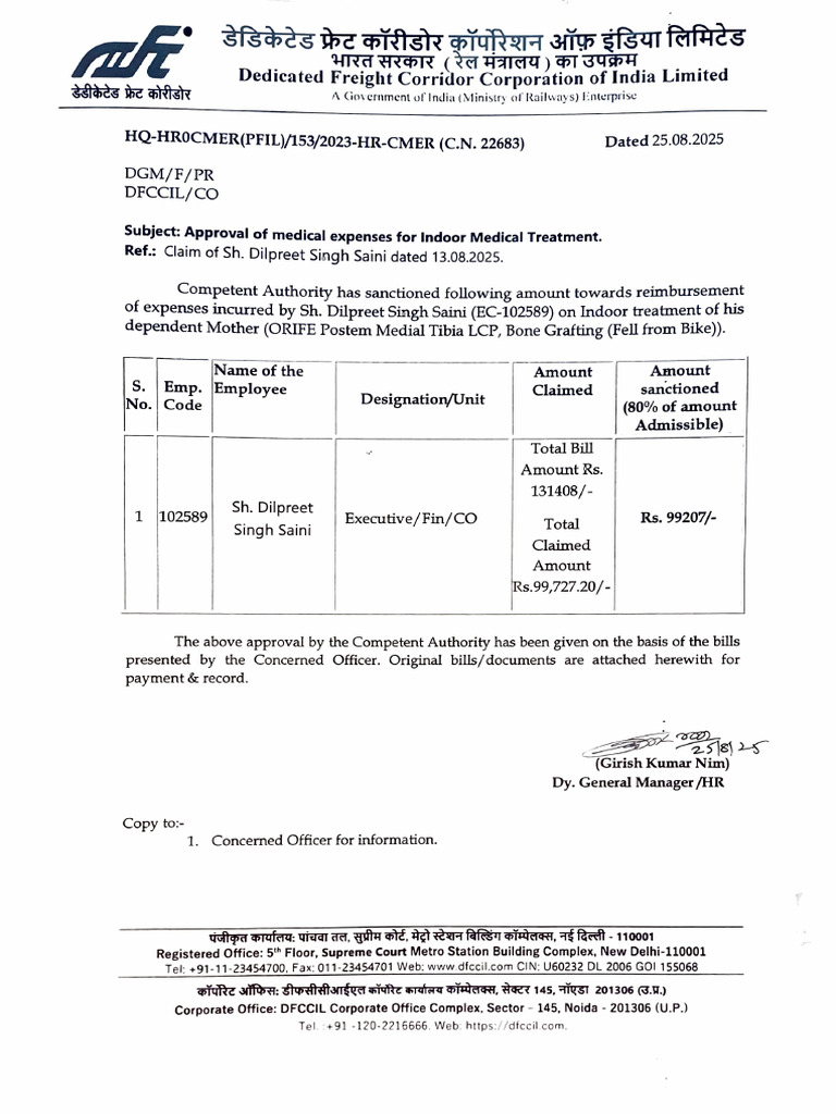 Indoor Medical Treatment Sh. Dilpreet Singh Saini | PDF