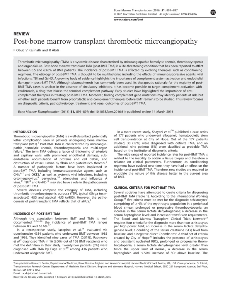Post-BMT Thrombotic Microangiopathy Review | PDF | Complement System ...