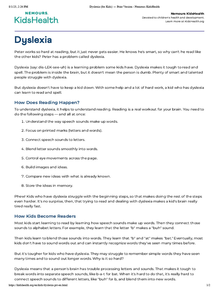 Dyslexia (For Kids) - Print Version - Nemours KidsHealth | PDF ...