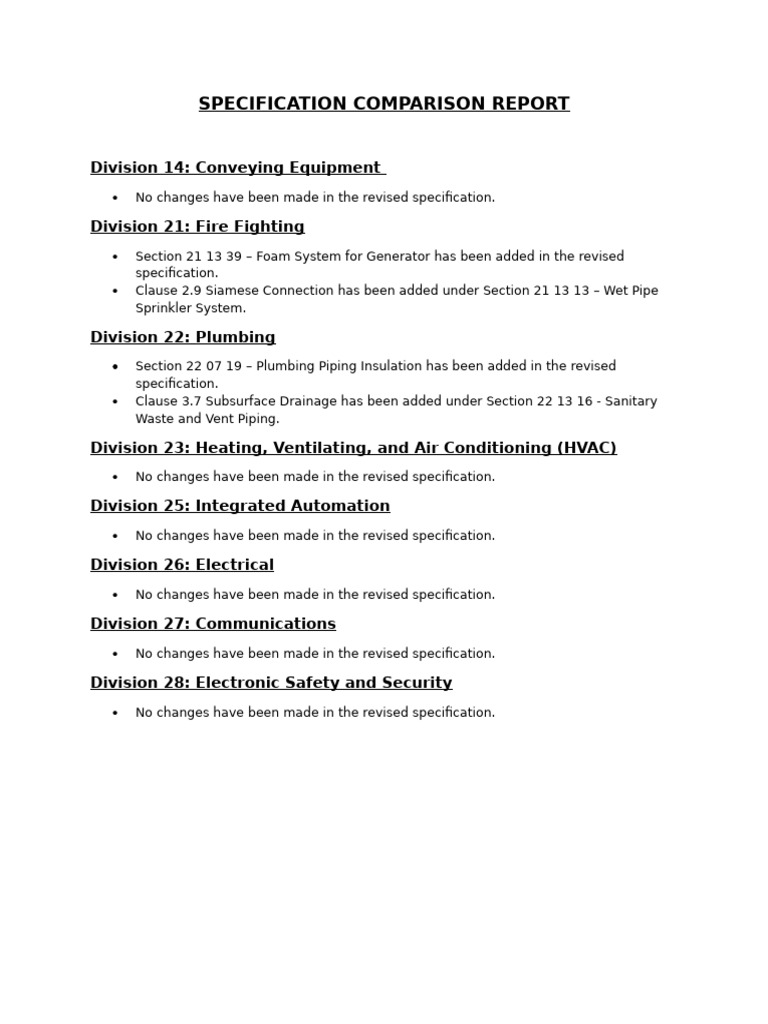Specification Comparison Report Summary | PDF
