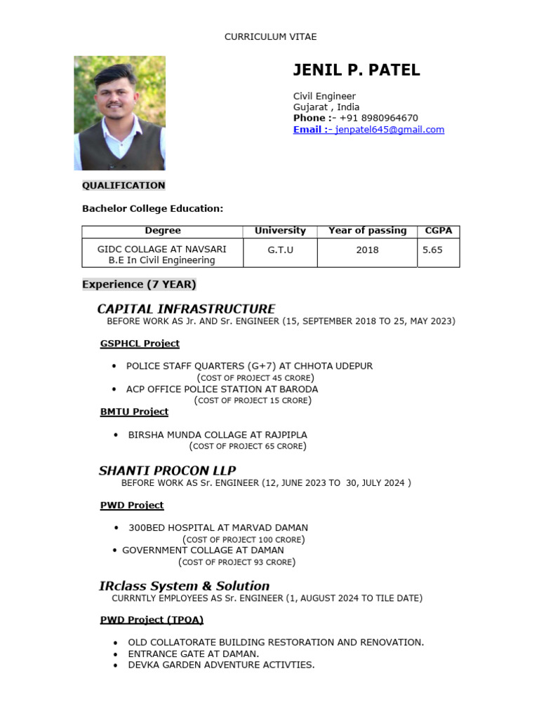 Civil Engineer CV of Jenil P. Patel | PDF