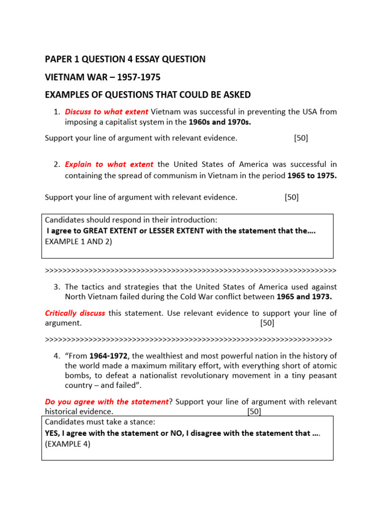 Vietnam War Essay Questions and Guide | PDF | Vietnam War | Viet Cong