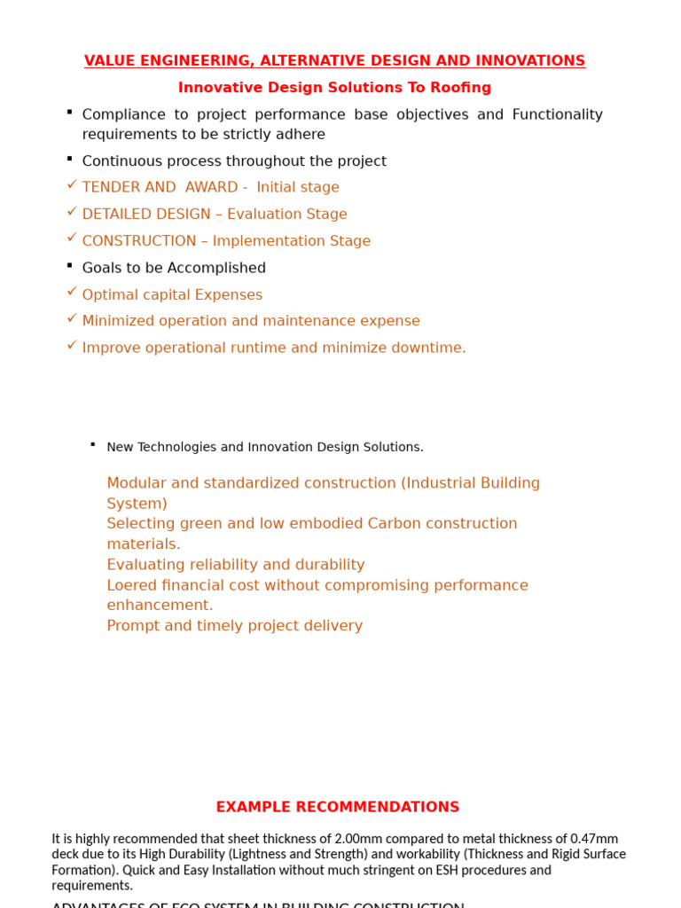 Value Engineering, Innovations (Eco Roofing System) R1 | PDF