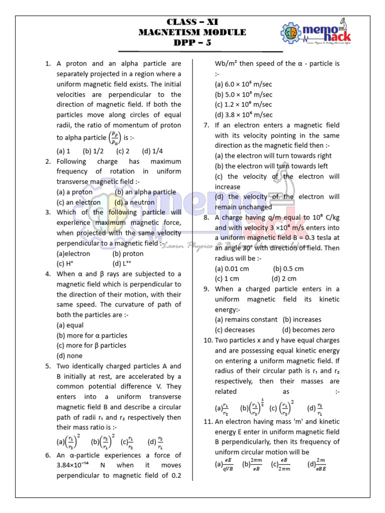 Magnetism DPP for Class XI Physics | PDF | Electron | Magnetic Field
