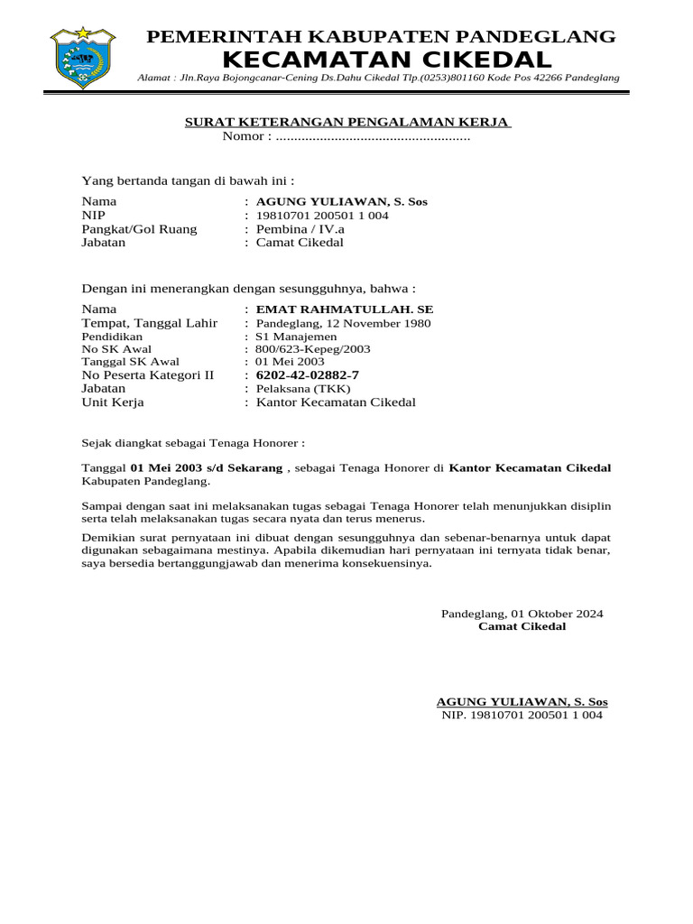 Contoh Surat Keterangan Pengalaman Kerja PPPK 2024 | PDF